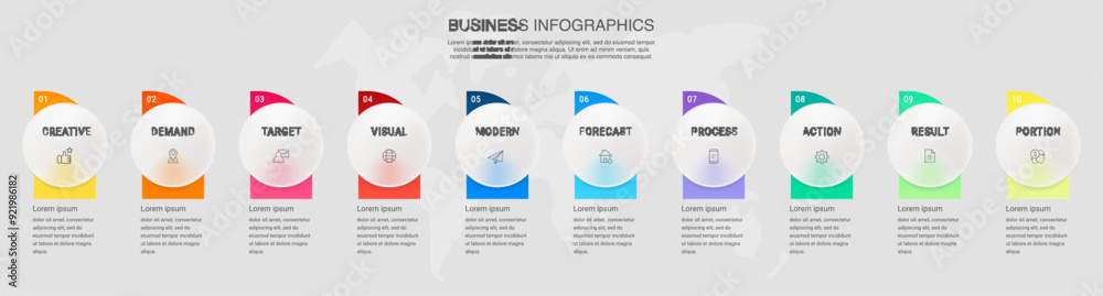 Vector timeline infographics template with ten circles and options ...