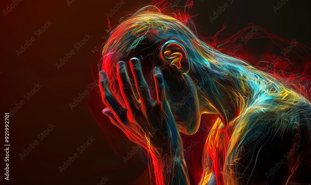 Human figure in anguish, depicted with bold lines and vivid colors ...