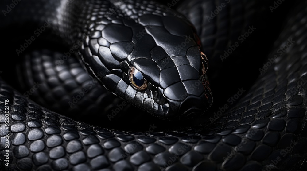 Black snake coiled up showing its scales and staring with its eye Stock ...
