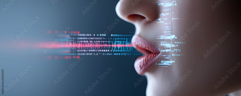 Voice authentication and security concept, woman mouth with clear sound ...