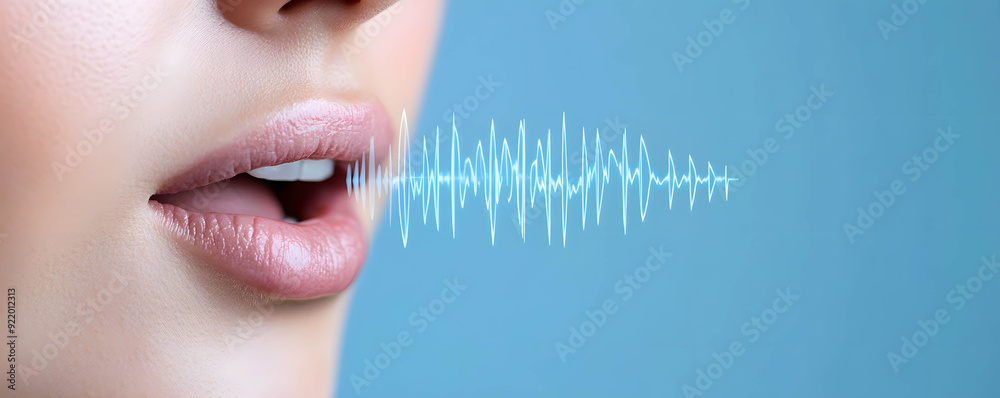 Voice authentication and security concept, woman mouth with clear sound ...