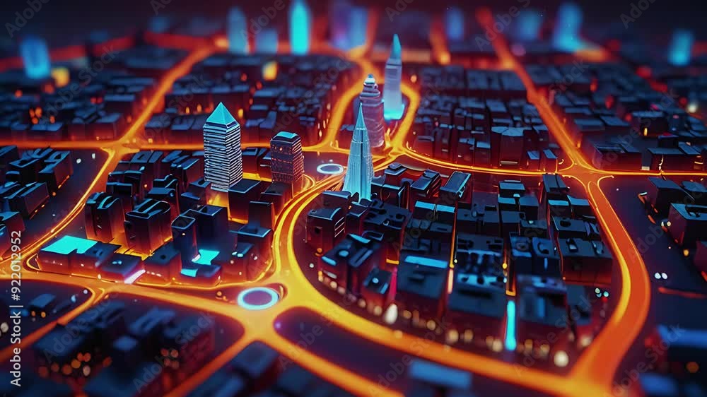 Stylized digital cityscape at night, illuminated by vibrant blue and ...