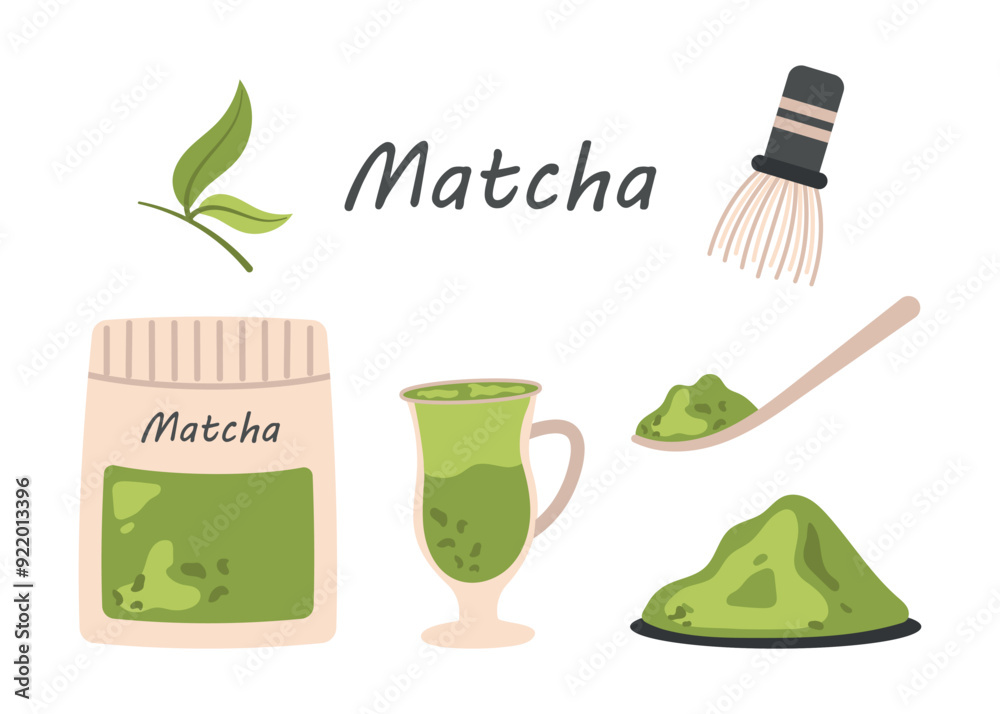 Vector illustration of matcha tea set. Glass cup with matcha latte ...