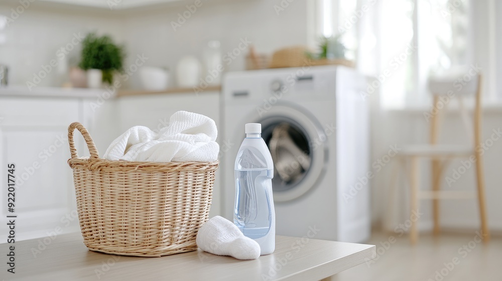 A modern laundry setup features a washing machine and dryer, a basket ...