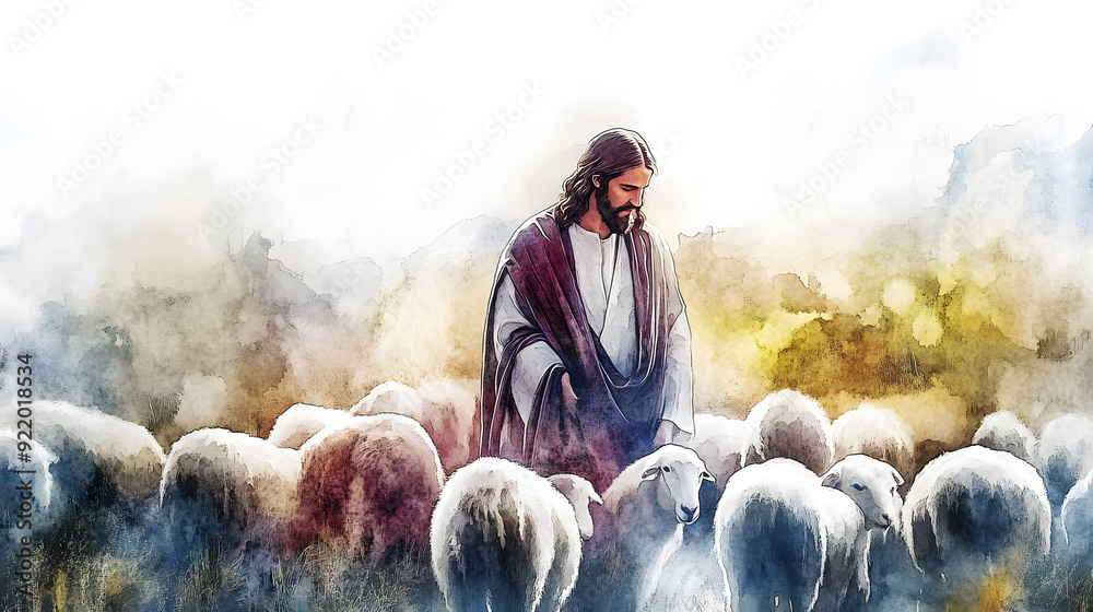 Jesus, depicted in a digital watercolor painting on a white background ...