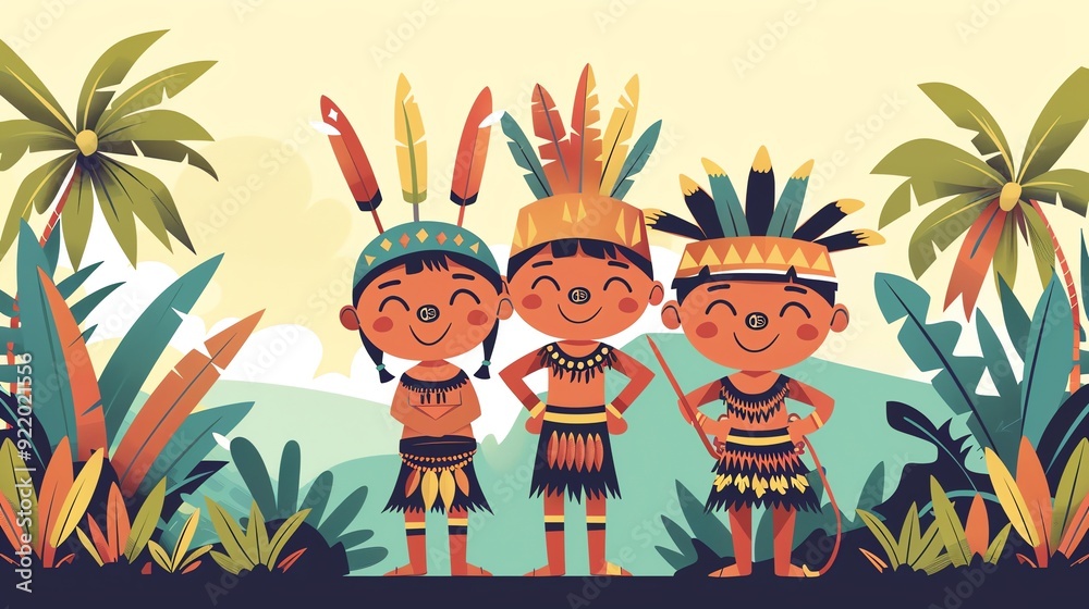 Create a vector illustration of a Pygmy tribespeople in traditional ...
