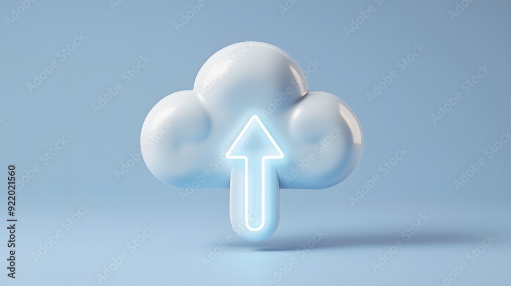 3D cloud with an upward blue arrow, symbolizing cloud computing, data storage, and upload ...