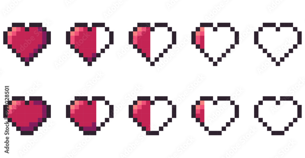 pixel art heart set animation sheet. health bar pixel art vector ...