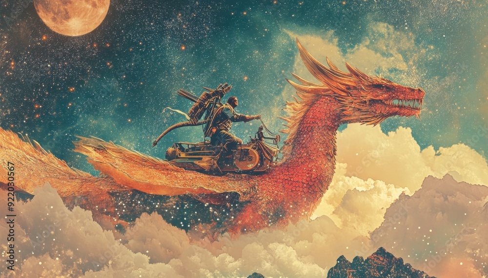 Adventurer rides a mythical dragon through a starry sky with clouds and ...