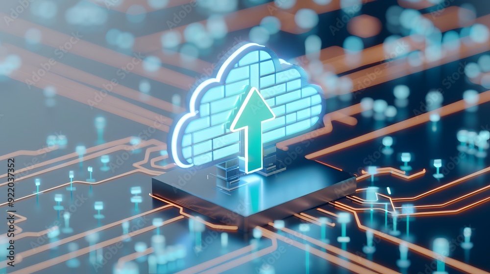 Cloud computing concept with a glowing cloud icon and an upward arrow on a futuristic circuit ...