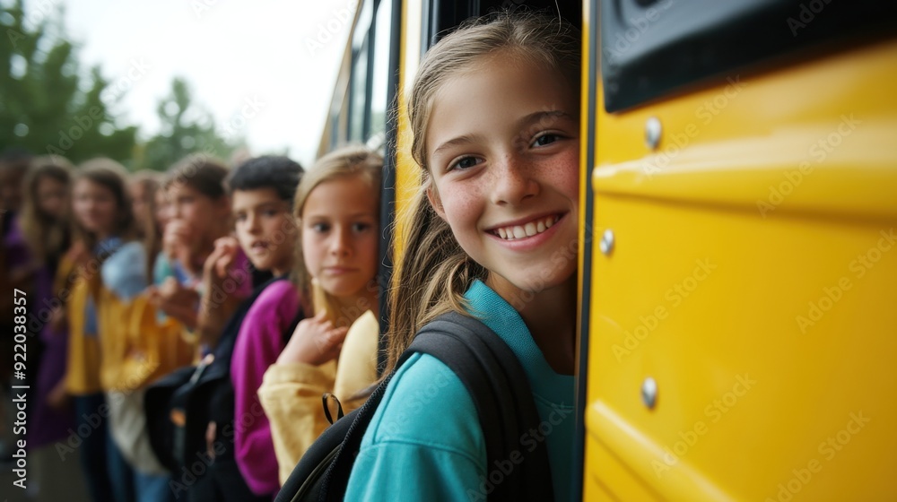 Middle school students lining up to board a yellow school bus for a ...