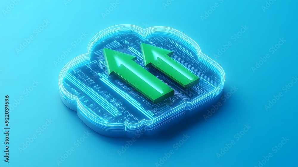 Cloud computing concept with glowing cloud icon and green up arrows ...