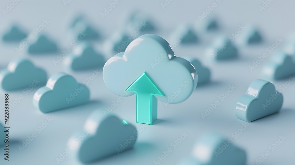 Cloud computing concept with multiple cloud icons and an upward arrow ...