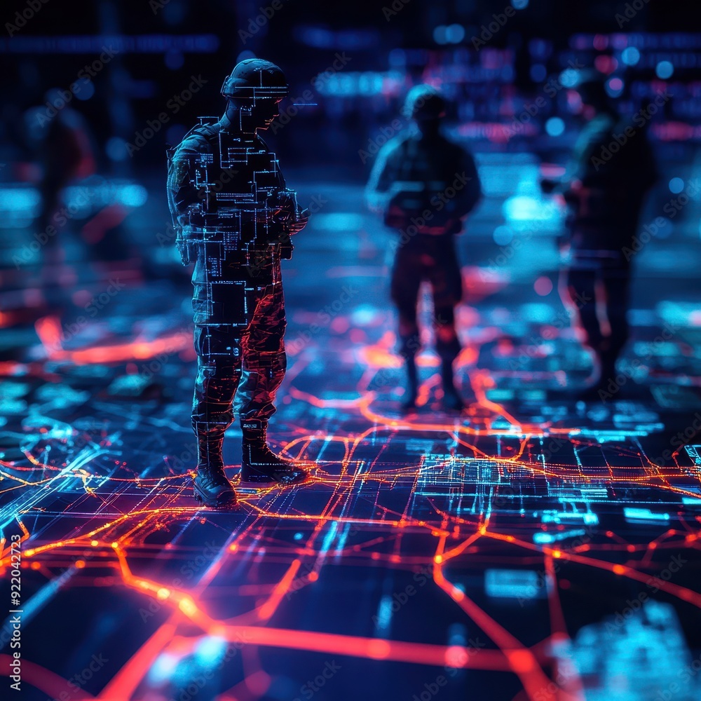 Holographic battlefield map with strategic points highlighted, military ...
