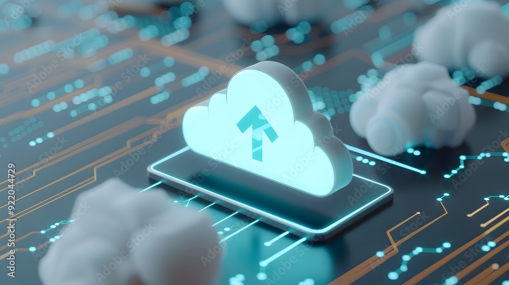 Digital cloud computing and data storage concept with a glowing upload ...