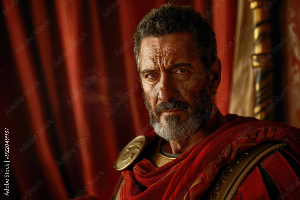 Stern elderly man with a serious expression wearing ancient Roman ...
