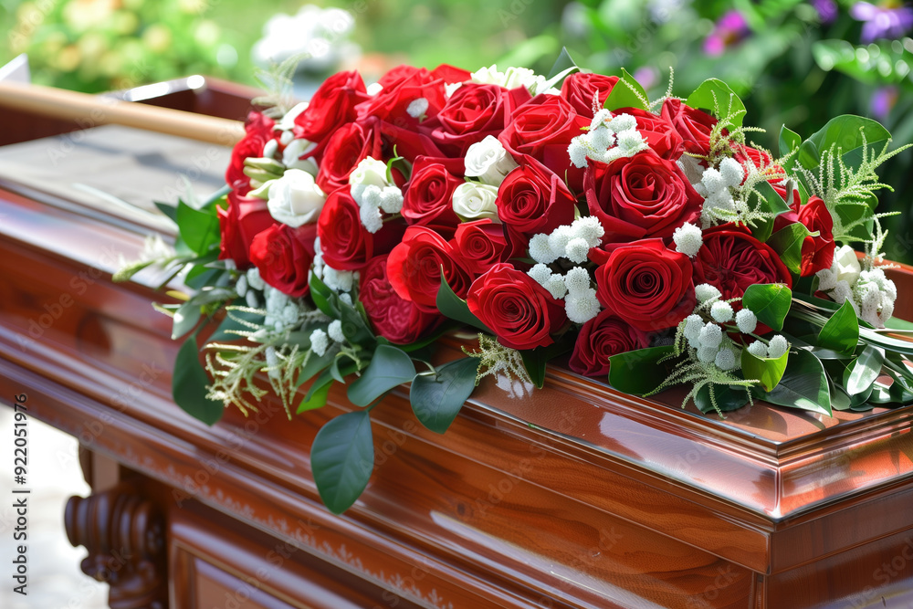 Elegant casket adorned with red and white roses in an outdoor setting ...