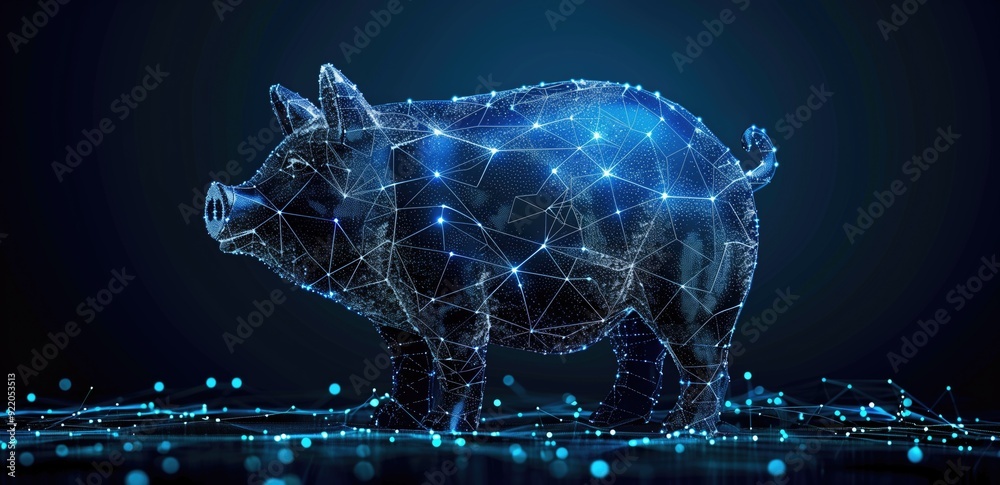 Digital representation of a pig made up of blue glowing lines and nodes ...
