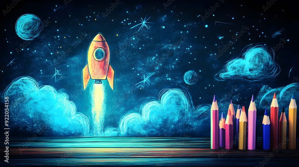 A drawing of a rocket launching into space with a box of crayons next ...