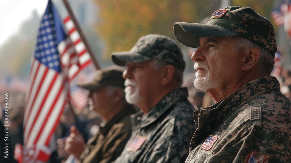 A group of veterans standing together in a Veterans Day parade, each ...