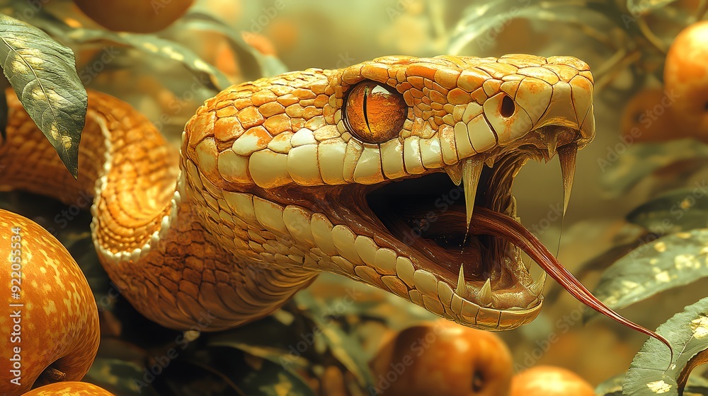 A snake is shown with its mouth open, surrounded by fruit. The snake ...