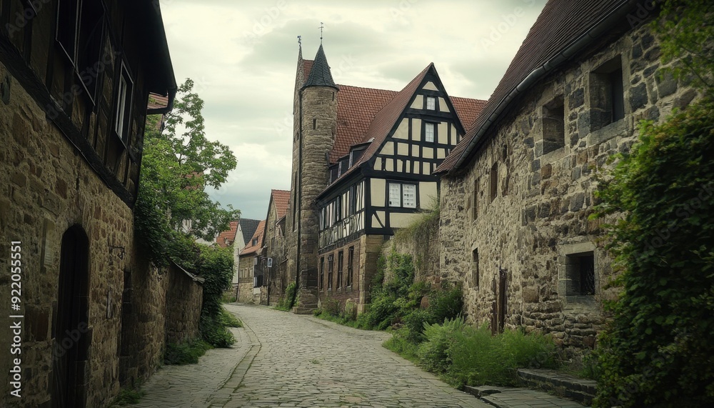 Historic Cobblestone Street In A Medieval Village With Half Timbered