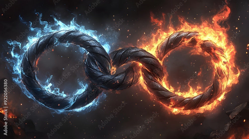 Two fire-ringed circles, one blue and one red, with a chain connecting ...