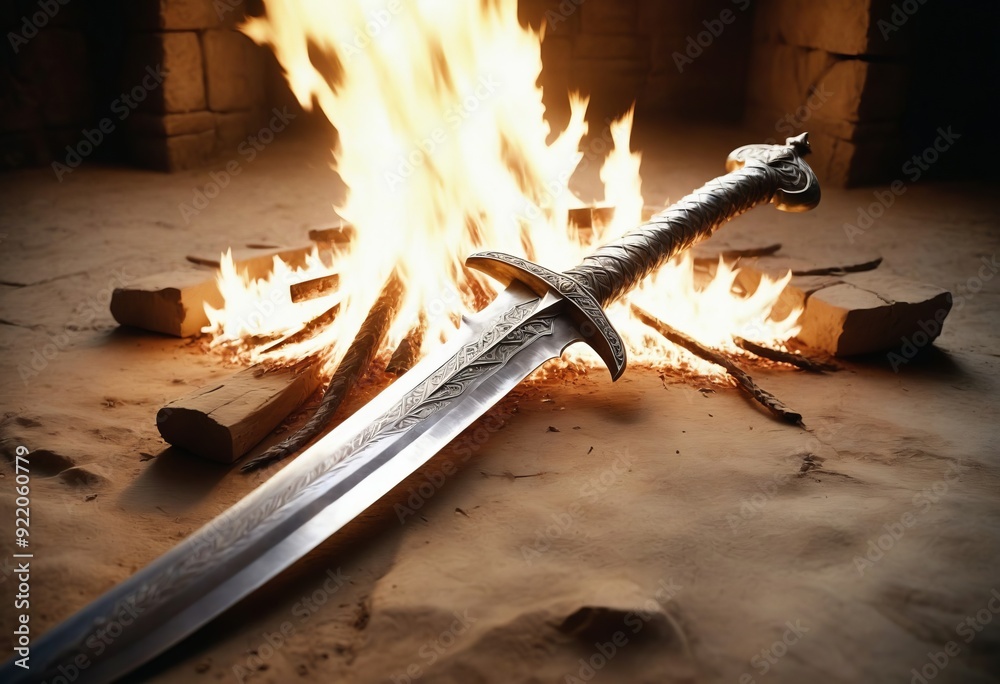 low key image of silver sword in the flames of fire. fantasy medieval ...