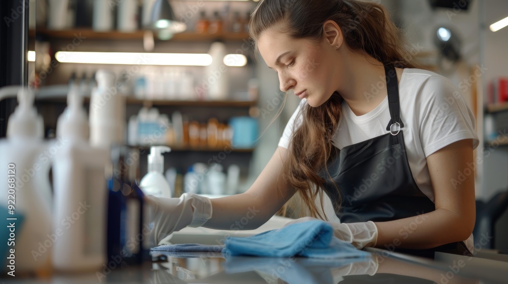 A hair salon, cleaner, and Australian woman clean a workplace with ...