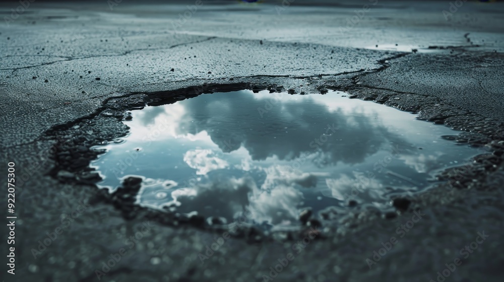 A pothole filled with rainwater reflects the sky, symbolizing ...