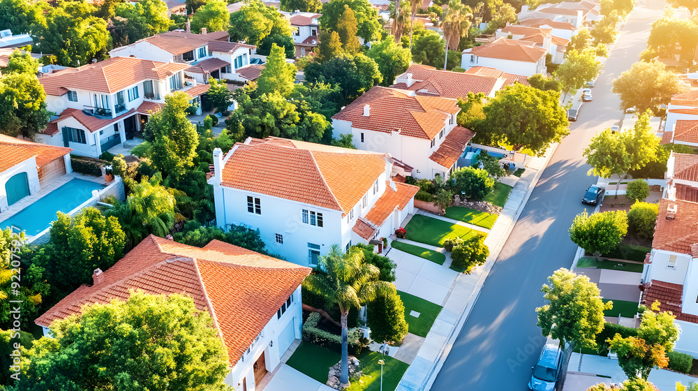 Drone aerial imagery of a serene residential landscape featuring houses ...
