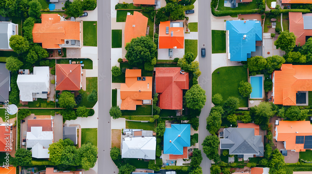 The harmony of architecture and nature, aerial view of a residential ...