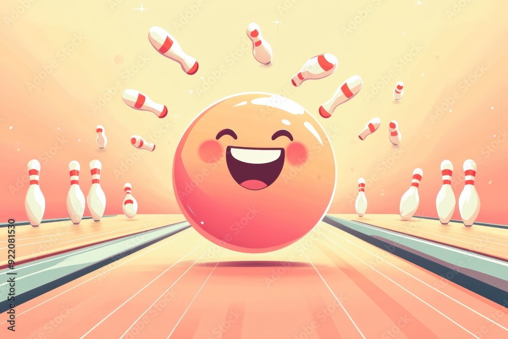 Flat illustration of a cheerful bowling ball character with a big smile ...