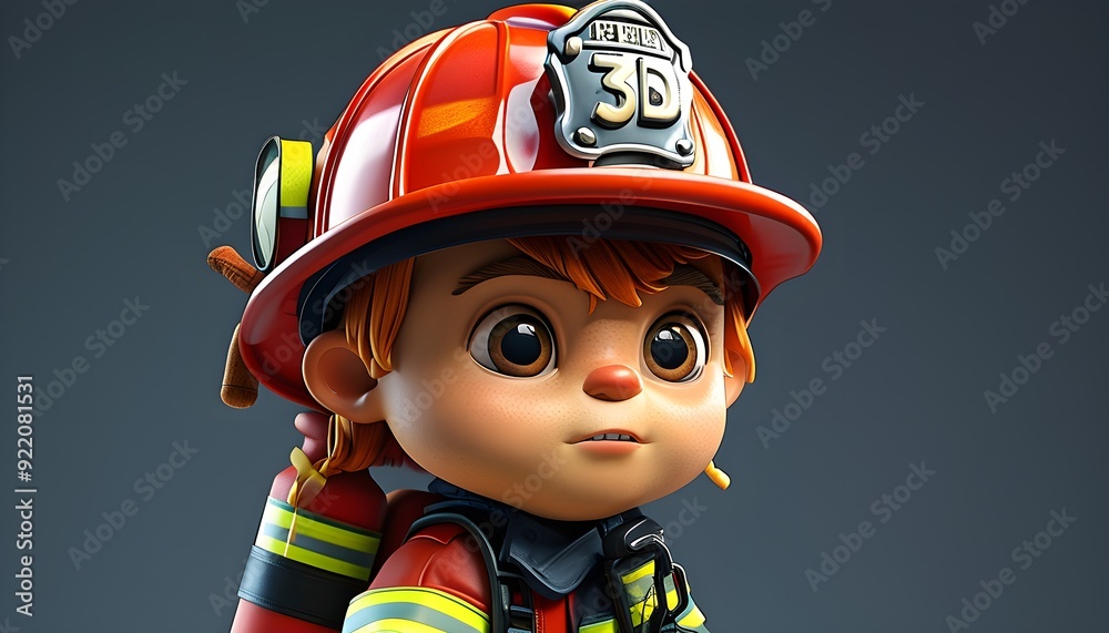 Cute cartoon firefighter character wearing a red and yellow fire ...