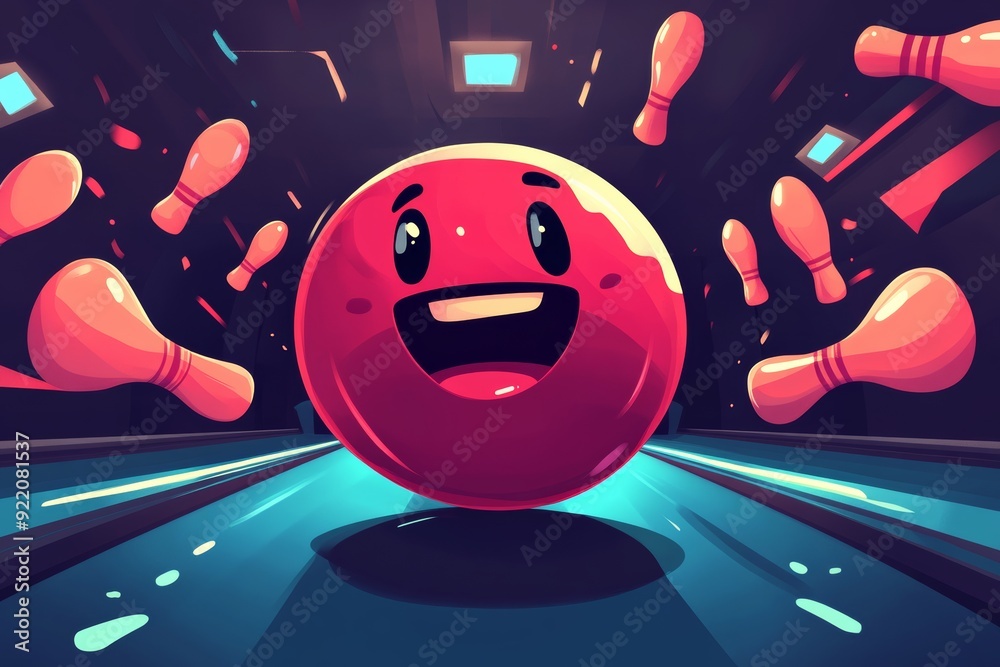 Flat illustration of a cheerful bowling ball character with a big smile ...