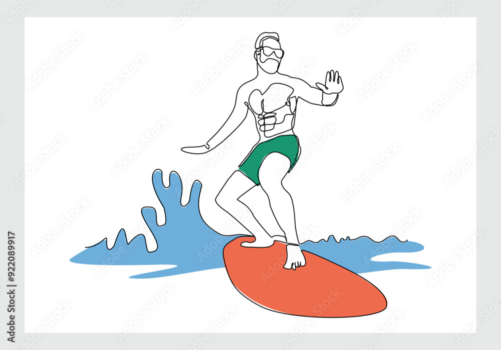 Continuous single line sketch drawing of professional surfing athlete ...