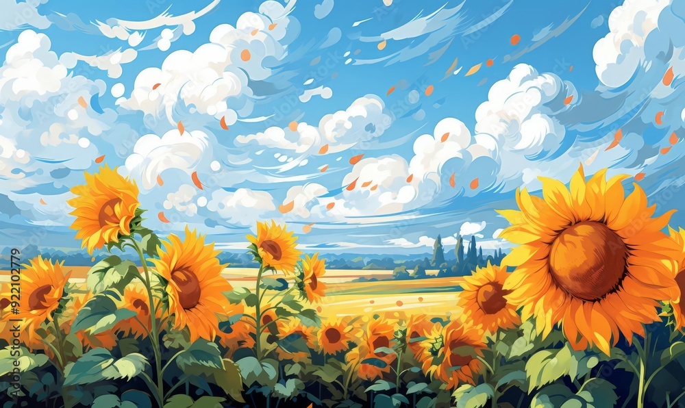 Radiant sunflower field flat design, side view, blooming nature, 3D ...