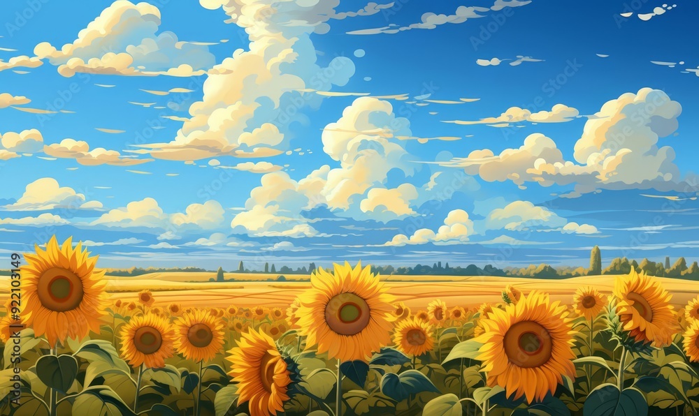 Radiant sunflower field flat design, side view, blooming nature, 3D ...