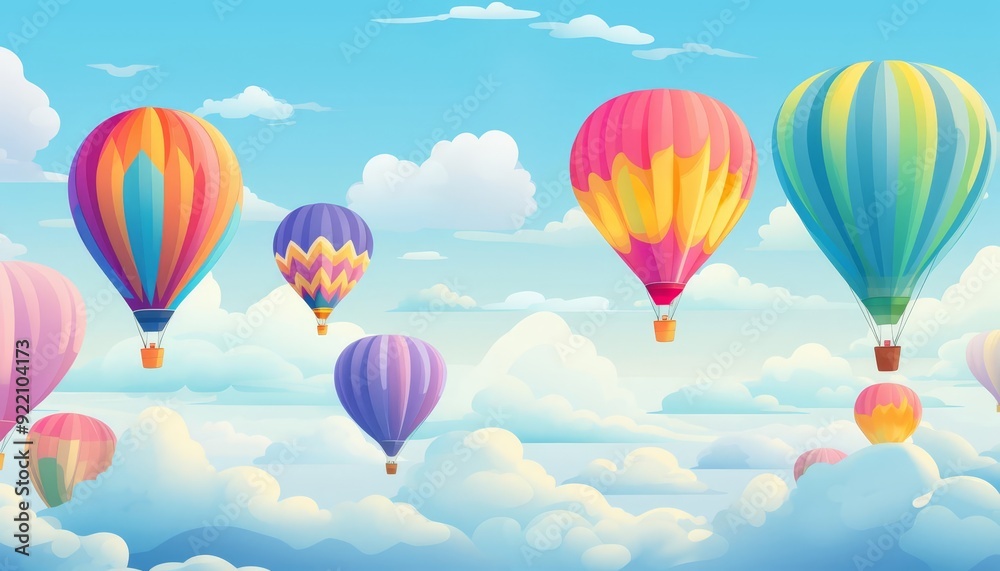 Rainbowcolored hot air balloons flat design, top view, festival scene ...