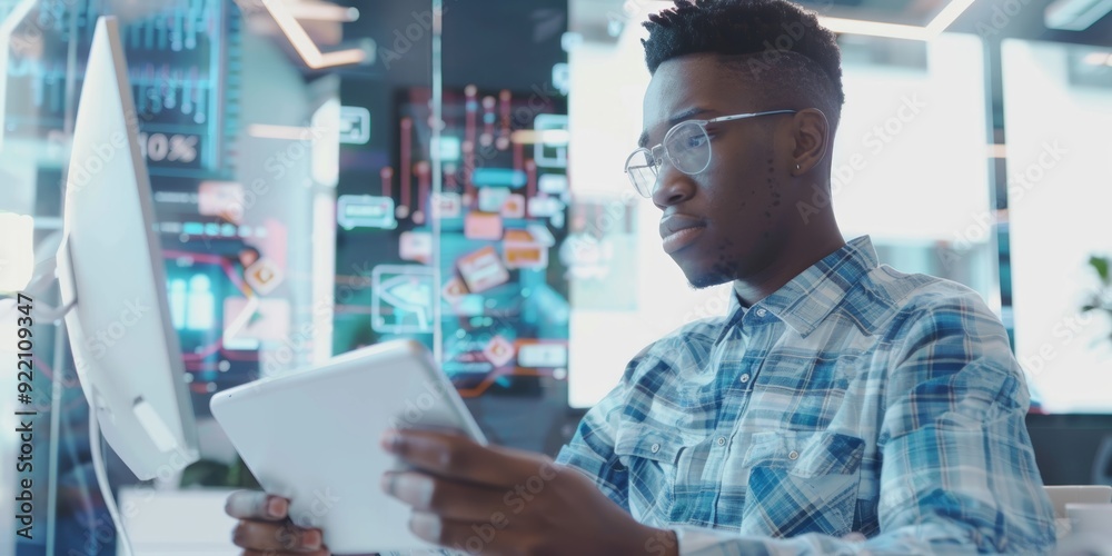 Tablet, meme, and break with a black businessman working online at his ...