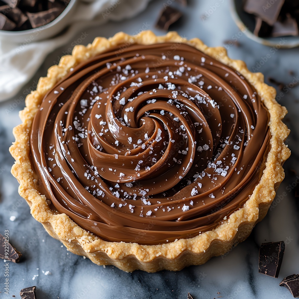 Caramel tart with a shortbread pie crust, topped with a swirl of ...