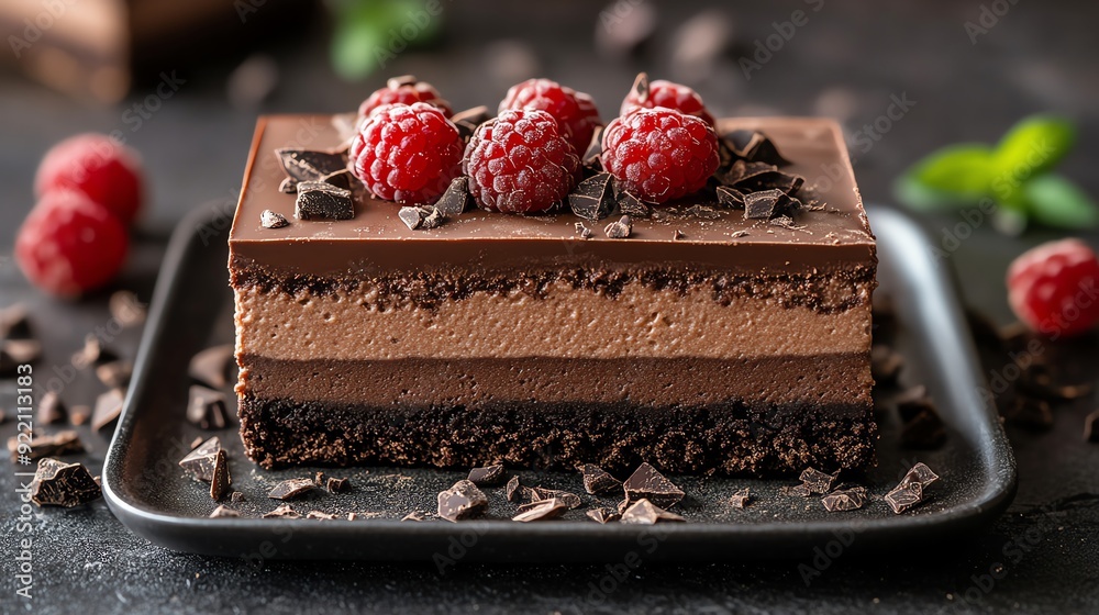Decadent chocolate mousse bar layered with rich fudge and a glossy ...