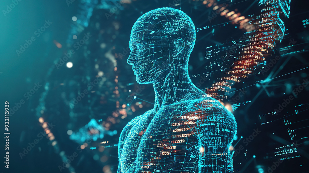 Futuristic depiction of the human genome with digital code overlaid on ...