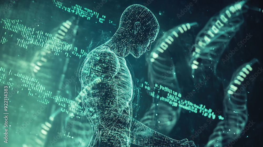 Futuristic depiction of the human genome with digital code overlaid on ...