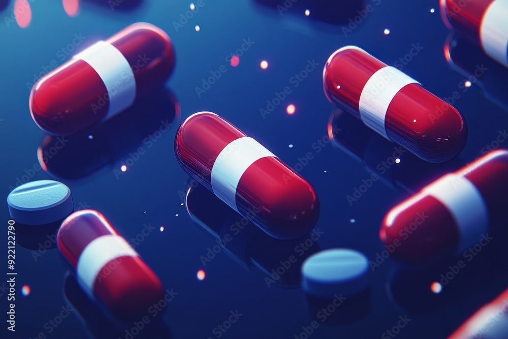 A dynamic depiction of red and white capsules floating in a dark starry ...