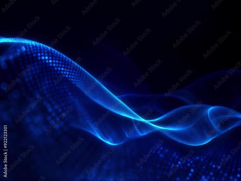 Abstract digital wave composed of glowing blue dots and lines, representing futuristic data flow ...