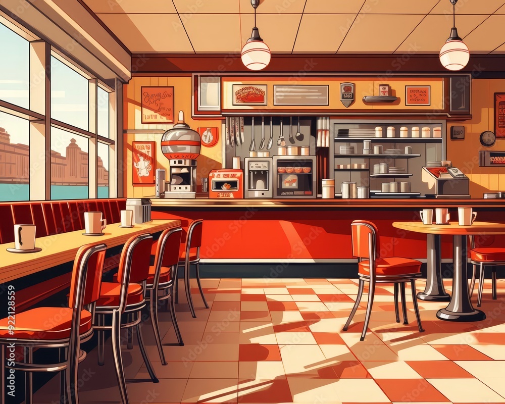 Vintage cafe scene flat design, front view, 1950s diner, cartoon ...