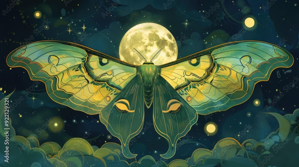 Green moth in front of a glowing full moon aesthetic bakground ...