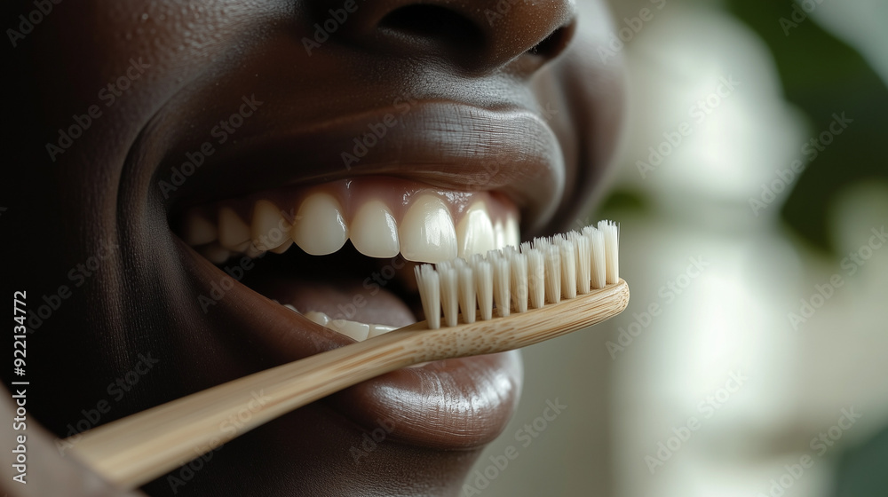 Close-up of the process of brushing teeth with a bamboo toothbrush ...