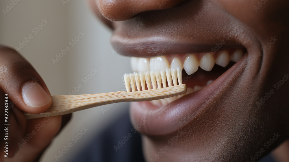 Close-up of the process of brushing teeth with a bamboo toothbrush ...